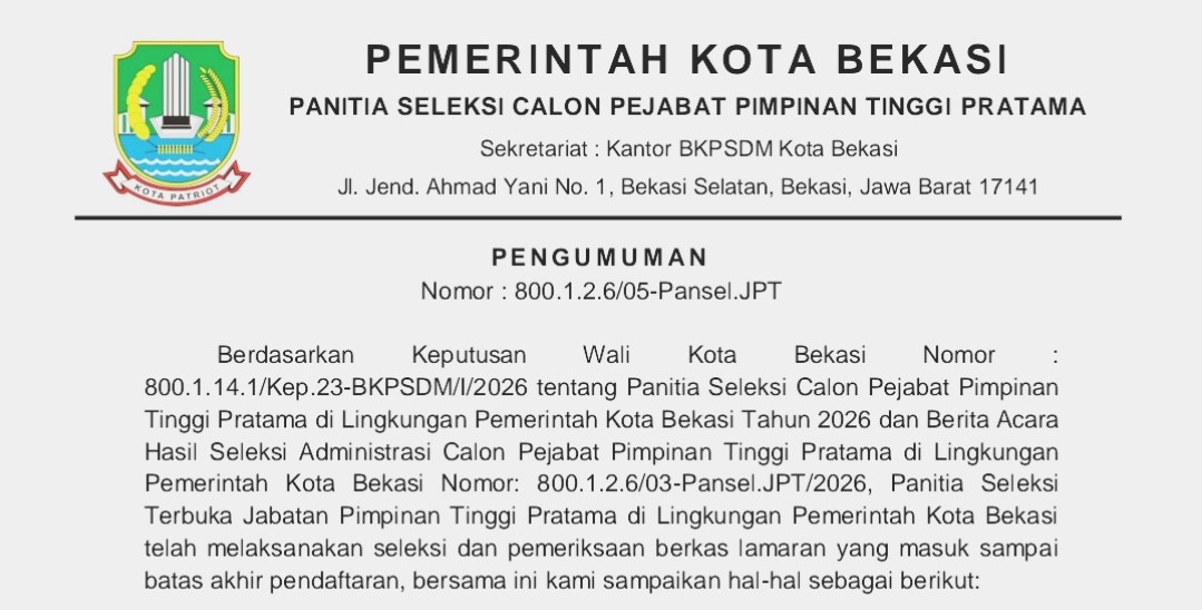 12 Pejabat Lolos Seleksi Lelang Jabatan Pemkot Bekasi 2026 — Rakyat Bekasi